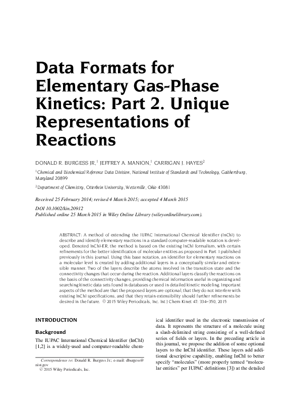 (PDF) Data Formats for Elementary Gas Phase Kinetics, Part 3: Reaction ...