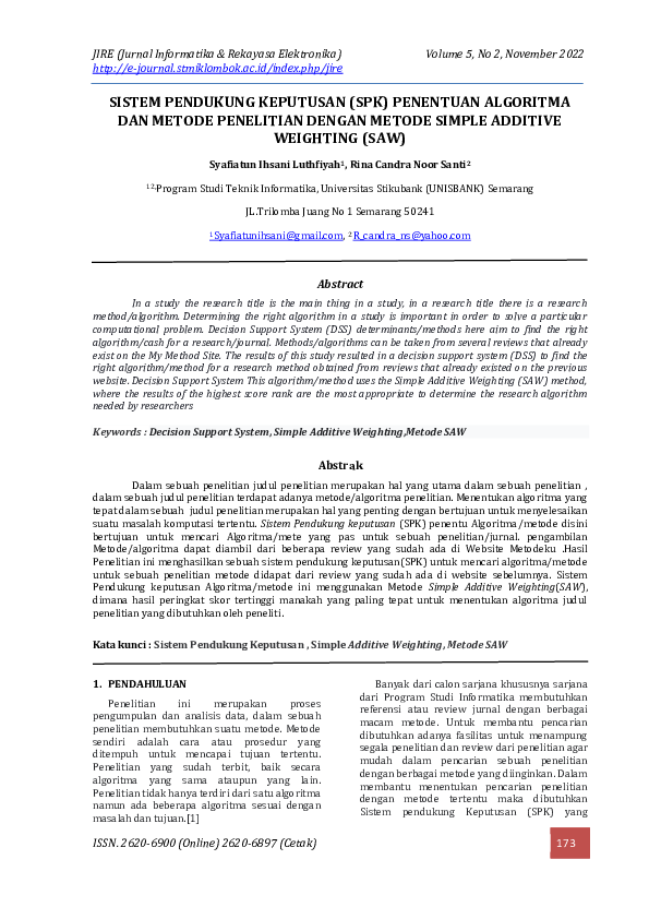(PDF) Sistem Pendukung Keputusan (SPK) Penentuan Algoritma / Metode Untuk Penelitian Dengan ...
