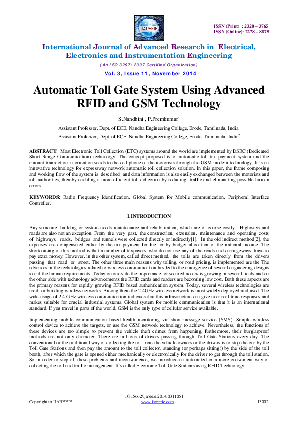 Pdf Automatic Toll Gate System Using Rfid And Gsm Technology