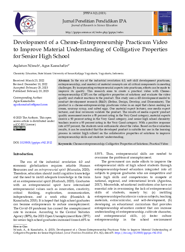 (PDF) Development of a Chemo-Entrepreneurship Practicum Video to ...