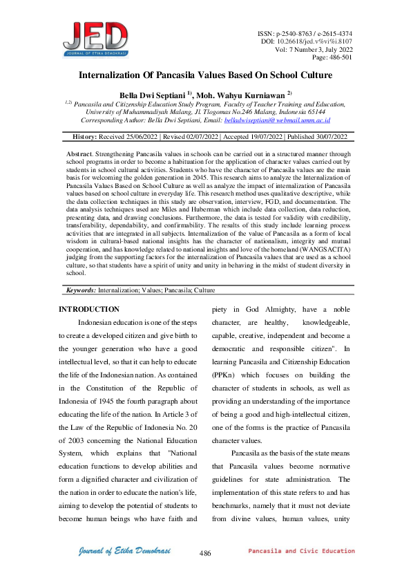(PDF) Internalization Of Pancasila Values Based On School Culture