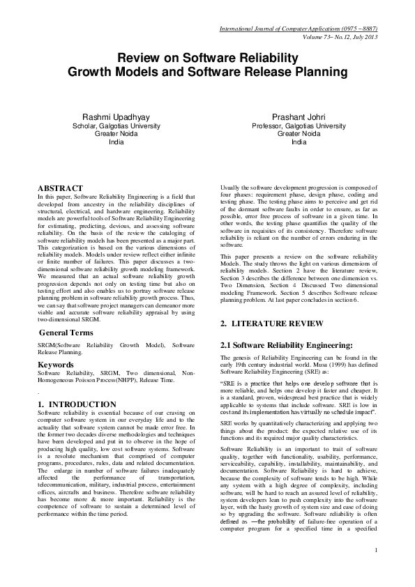 (PDF) Review on Software Reliability Growth Models and Software Release Planning