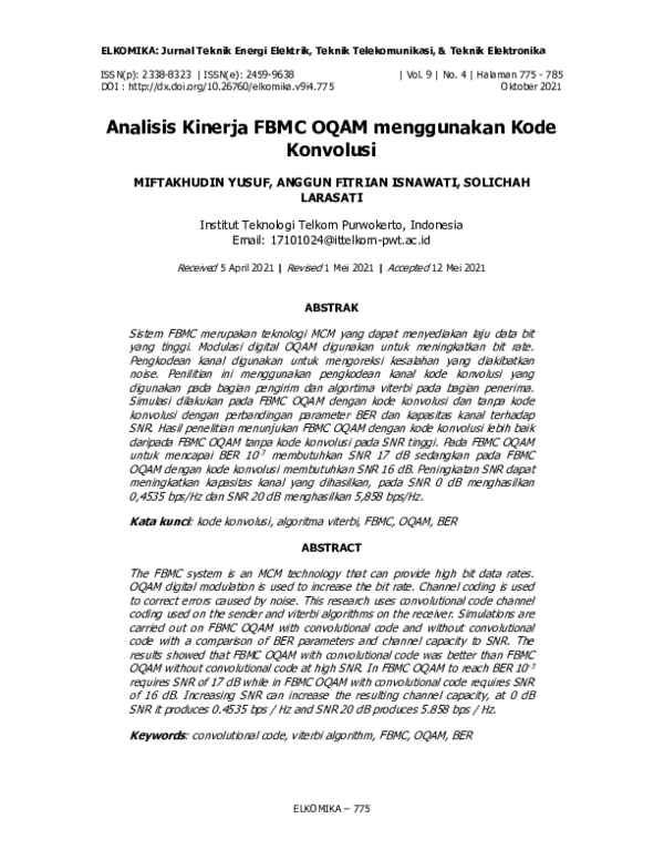 (PDF) Analisis Kinerja FBMC OQAM menggunakan Kode Konvolusi