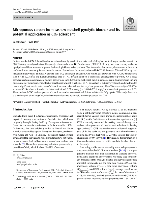(PDF) Microporous carbon from cashew nutshell pyrolytic biochar and its potential application as ...