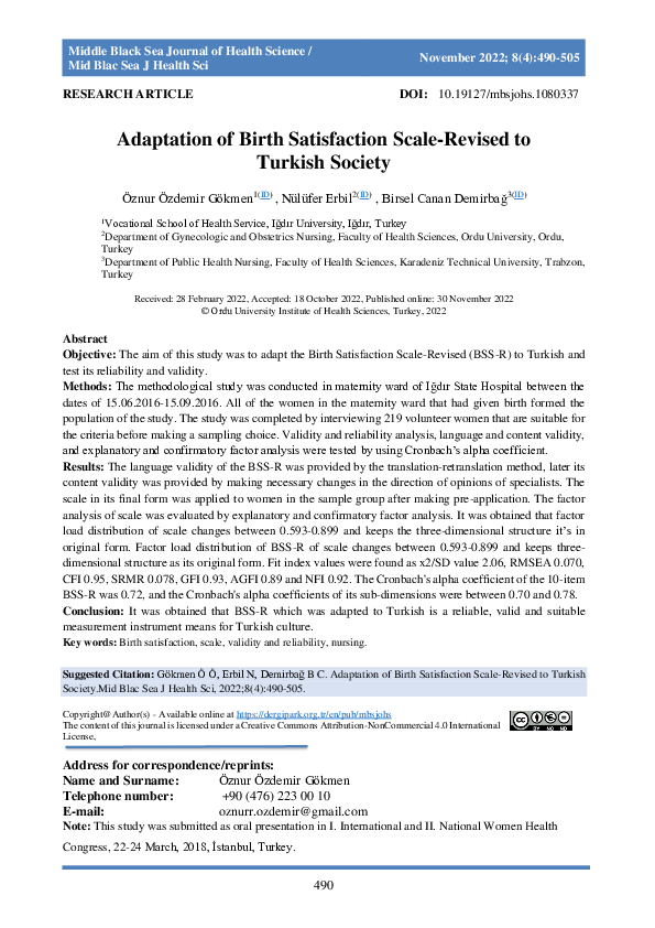 (PDF) Adaptation of Birth Satisfaction Scale-Revised to Turkish Society