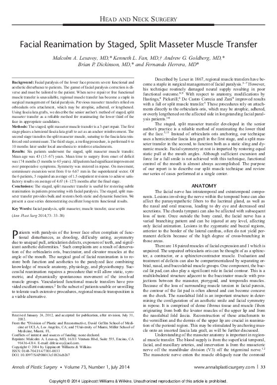 (PDF) Facial Reanimation by Staged, Split Masseter Muscle Transfer