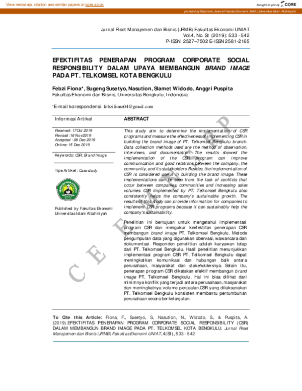 Pdf Efektifitas Penerapan Program Corporate Social Responsibility
