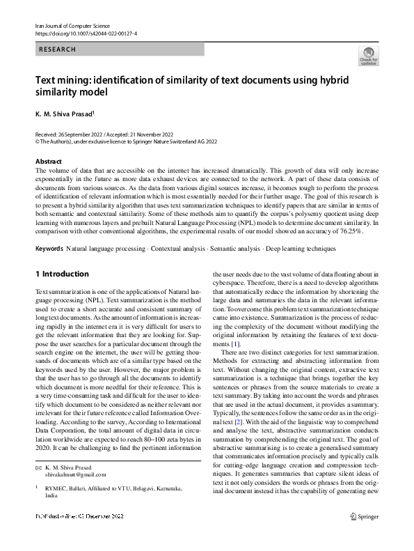 Pdf Text Mining Identification Of Similarity Of Text Documents Using Hybrid Similarity Model
