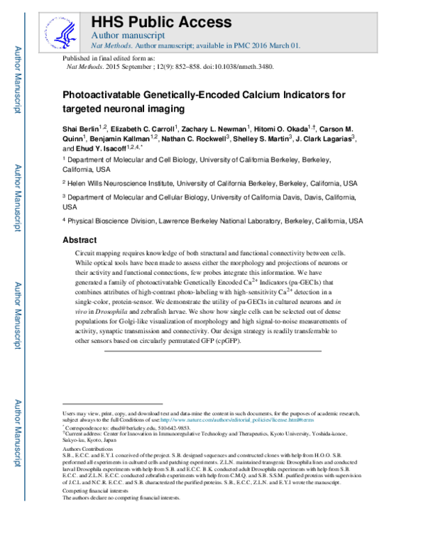 (PDF) Photoactivatable genetically encoded calcium indicators for ...