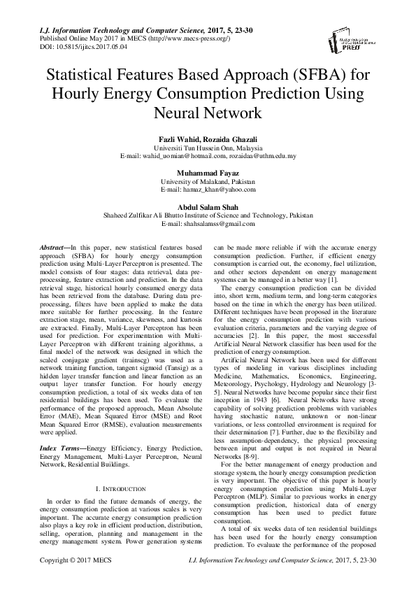 (PDF) Statistical Features Based Approach (SFBA) for Hourly Energy ...