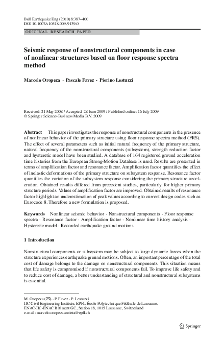 (PDF) Seismic response of nonstructural components in case of nonlinear structures based on ...