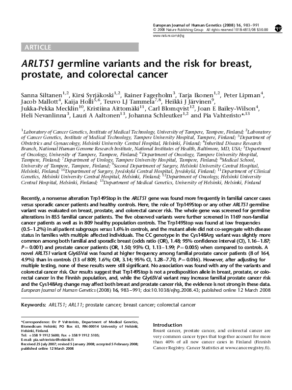 (PDF) ARLTS1 germline variants and the risk for breast, prostate, and colorectal cancer