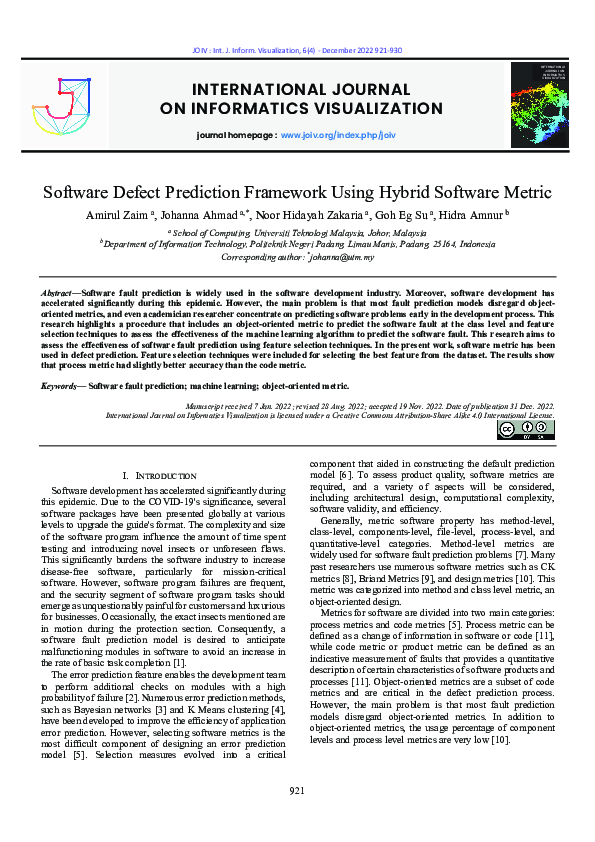 Pdf Software Defect Prediction Framework Using Hybrid Software Metric