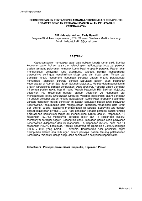(PDF) Persepsi Pasien Tentang Pelaksanaan Komunikasi Terapeutik Perawat Dengan Kepuasan Pasien ...