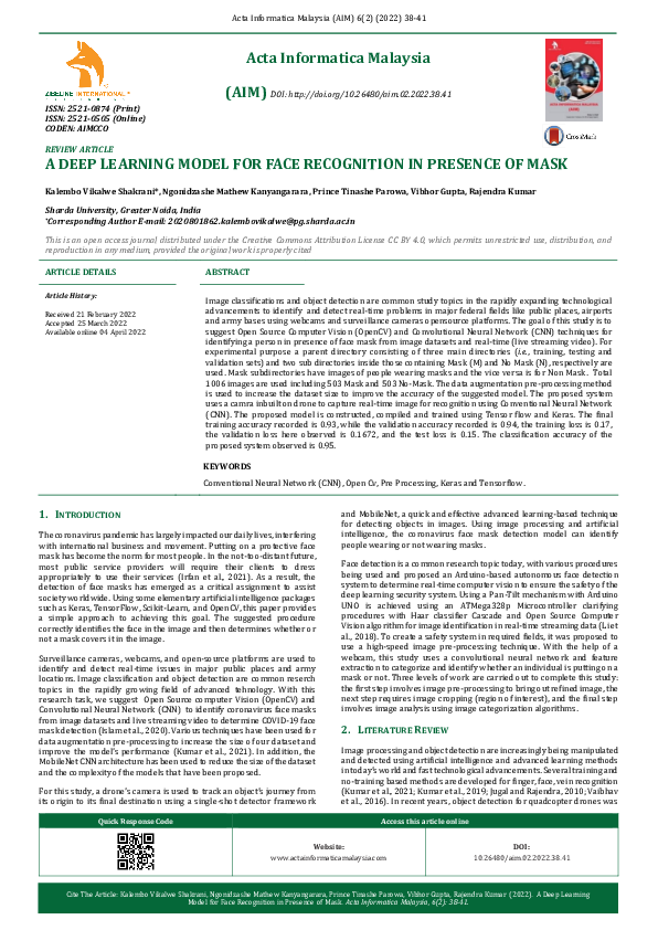 (PDF) A Deep Learning Model for Face Recognition in Presence of Mask