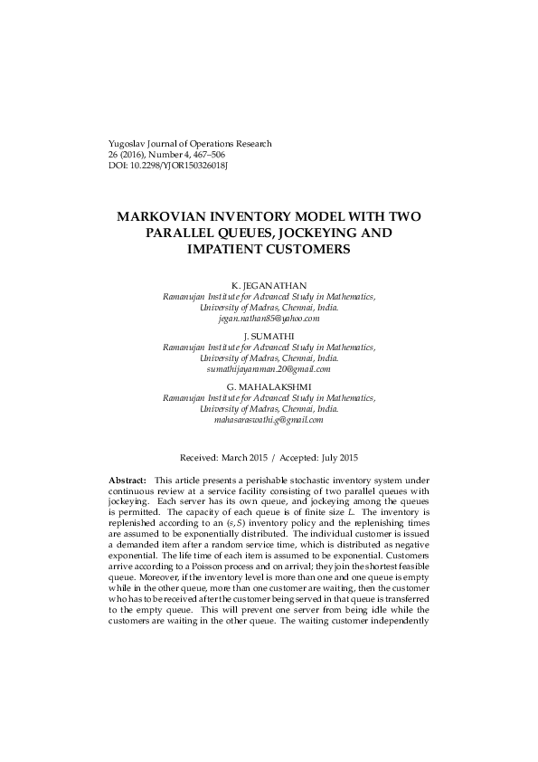 (PDF) Markovian inventory model with two parallel queues, jockeying and impatient customers