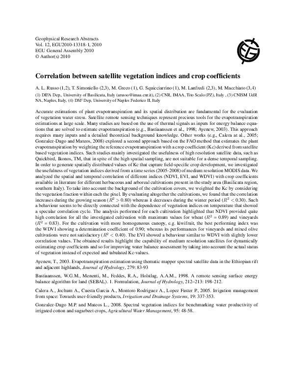 Pdf Correlation Between Satellite Vegetation Indices And Crop Coefficients Maria Lanfredi
