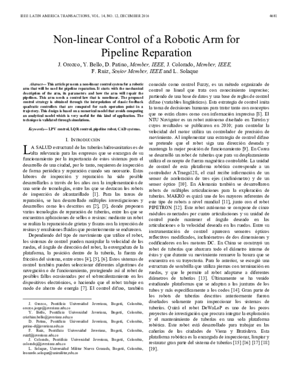 (PDF) Non linear control of a robotic arm for pipeline reparation