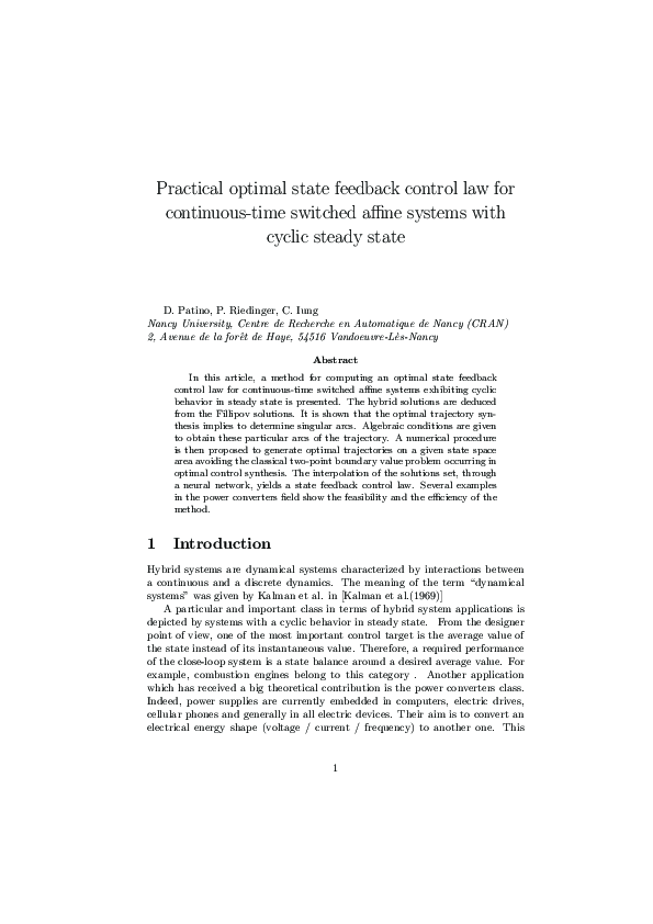 (PDF) Practical optimal state feedback control law for continuous-time switched affine systems ...