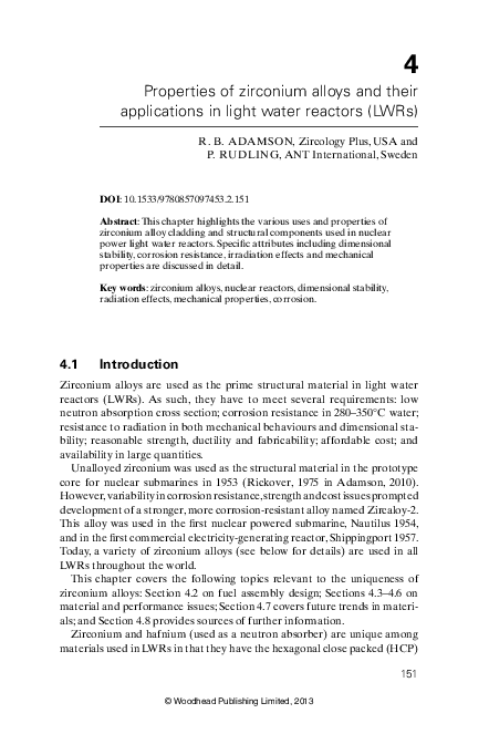 (PDF) Properties of zirconium alloys and their applications in light water reactors (LWRs)