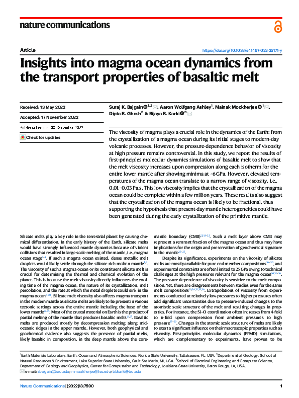 (PDF) Insights into magma ocean dynamics from the transport properties ...