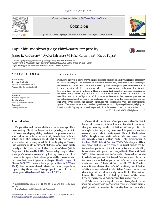 (PDF) Capuchin monkeys judge third-party reciprocity | James Anderson ...