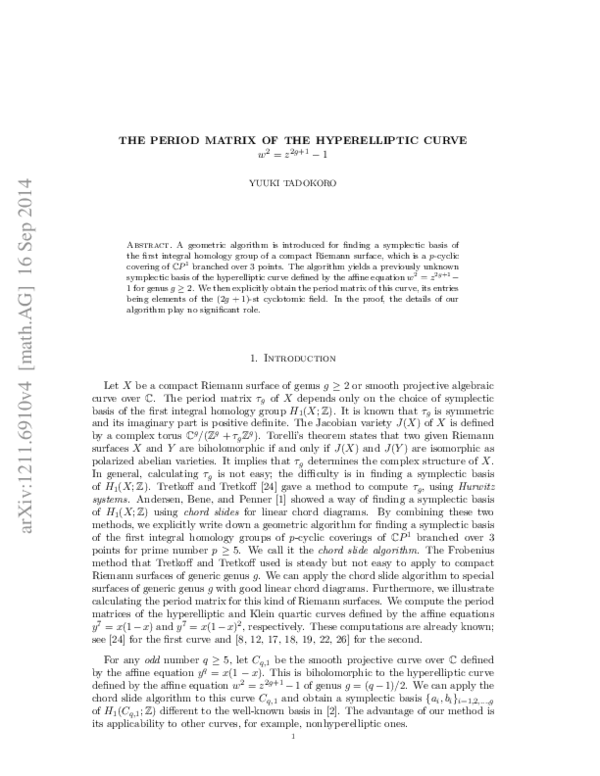 Pdf The Period Matrix Of The Hyperelliptic Curve W²