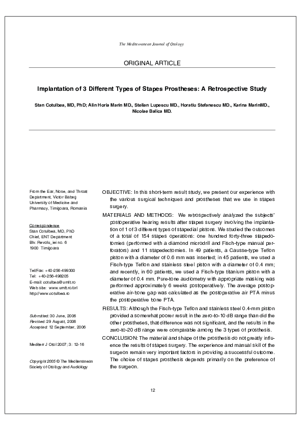 (PDF) Implantation of 3 Different Types of Stapes Prostheses: A ...