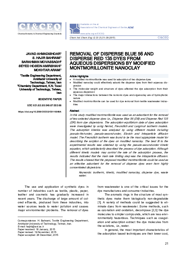 (PDF) Removal of Disperse Blue 56 and Disperse Red 135 dye from aqueous ...
