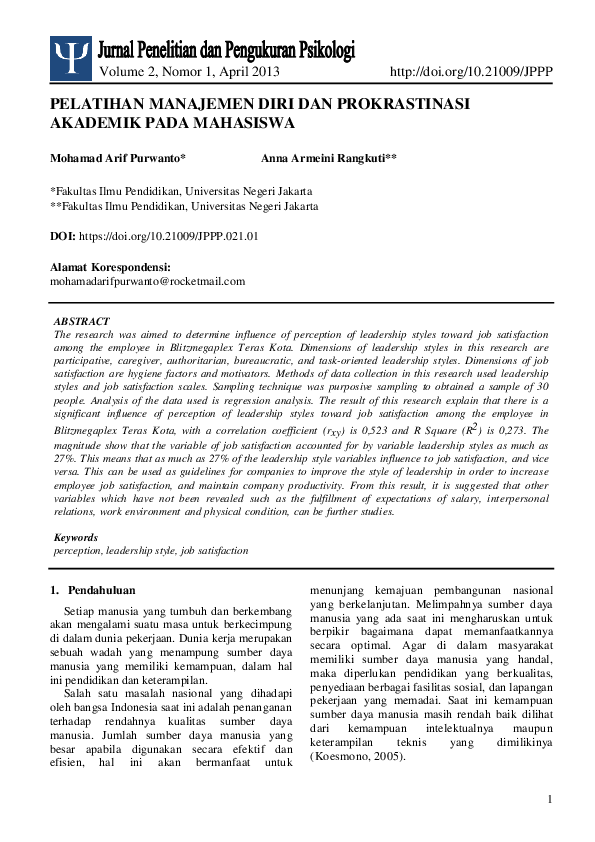 (PDF) Pelatihan Manajemen Diri Dan Prokrastinasi Akademik Pada Mahasiswa