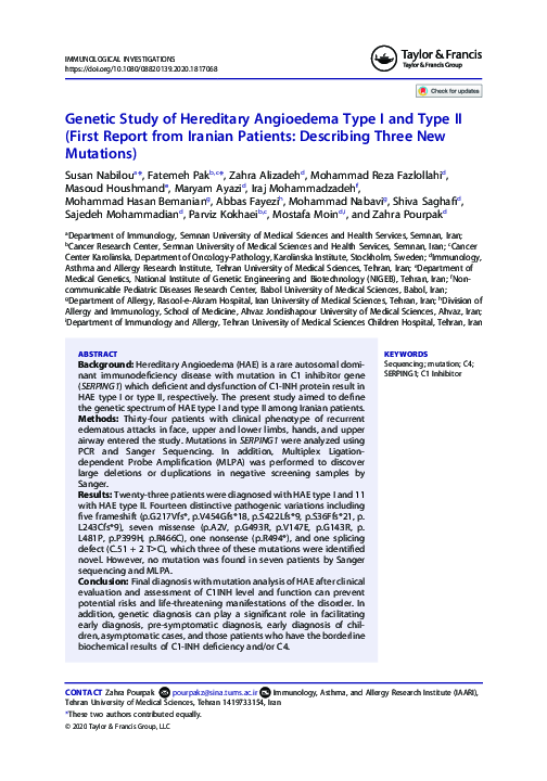 (PDF) Genetic Study of Hereditary Angioedema Type I and Type II (First Report from Iranian ...
