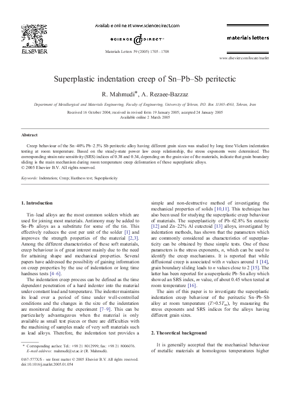 (PDF) Superplastic indentation creep of Sn–Pb–Sb peritectic
