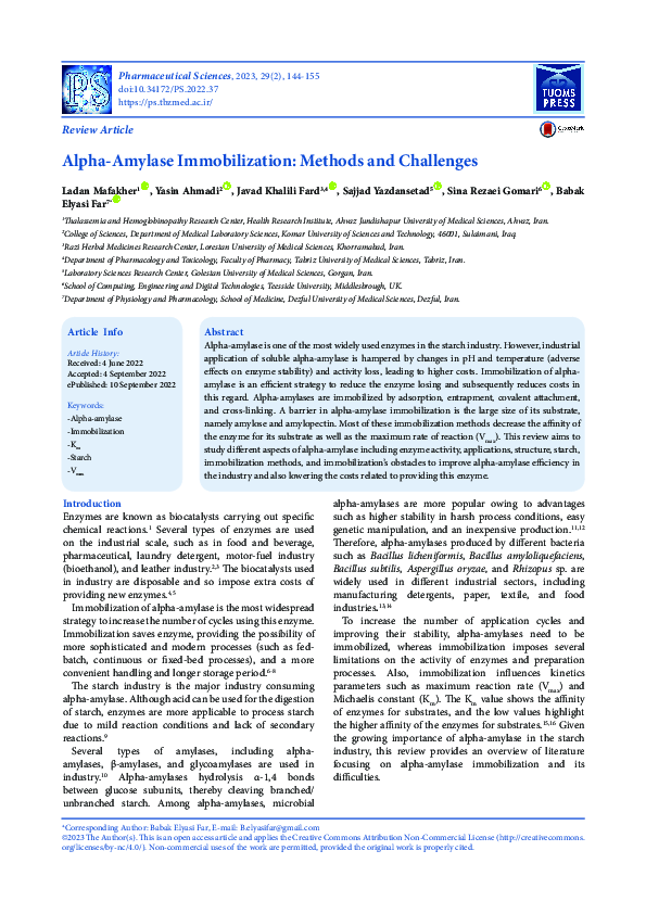 (PDF) Alpha-Amylase Immobilization: Methods and Challenges