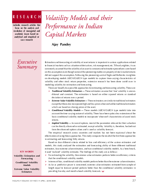(PDF) Volatility Models and their Performance in Indian Capital Markets