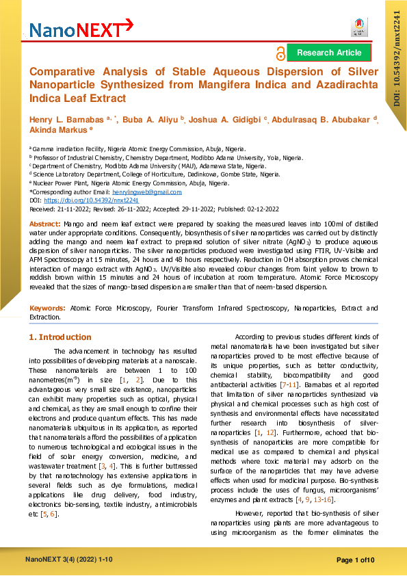 (PDF) Comparative Analysis of Stable Aqueous Dispersion of Silver Nanoparticle Synthesized from ...