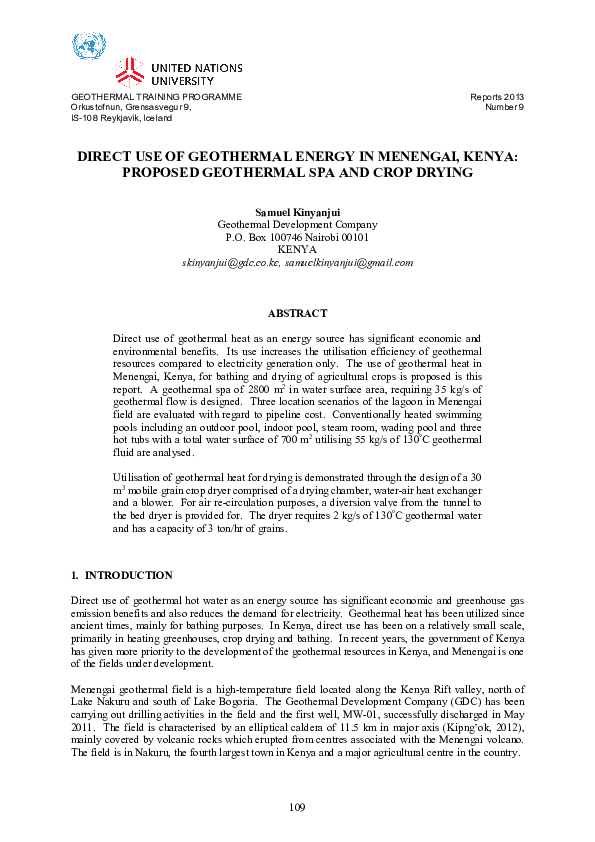 (PDF) Direct use of geothermal energy in Menengai, Kenya : proposed ...