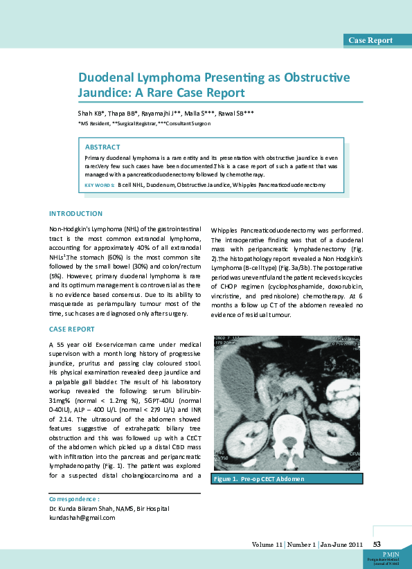 (PDF) Duodenal Lymphoma Presenting as Obstructive Jaundice: A Rare Case ...