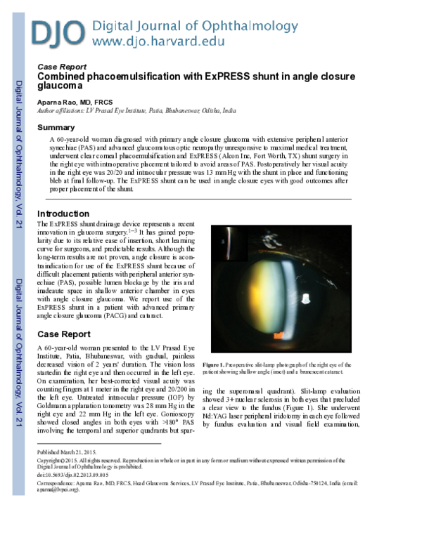 (PDF) Combined phacoemulsification with ExPRESS shunt in angle closure ...