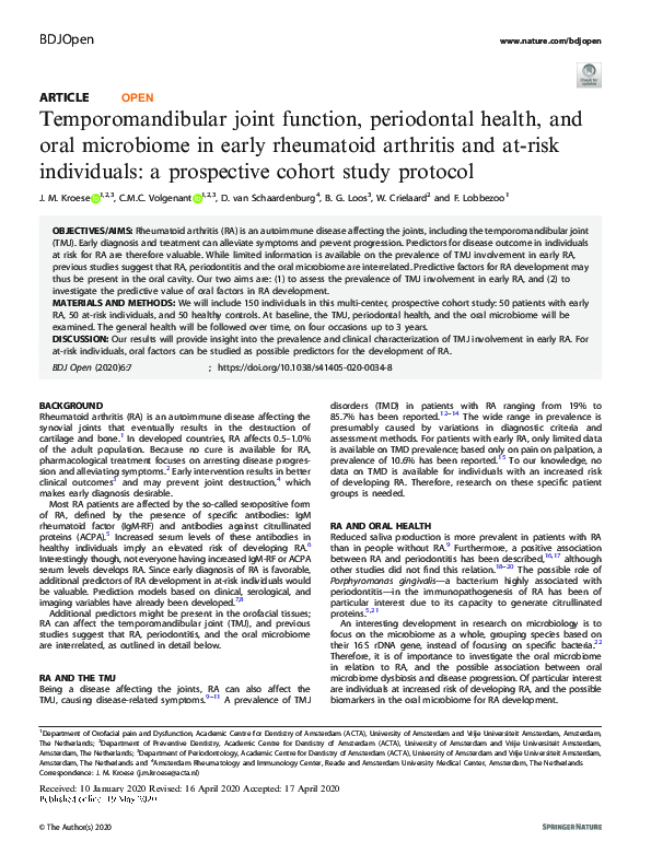 (PDF) Temporomandibular joint function, periodontal health, and oral microbiome in early ...