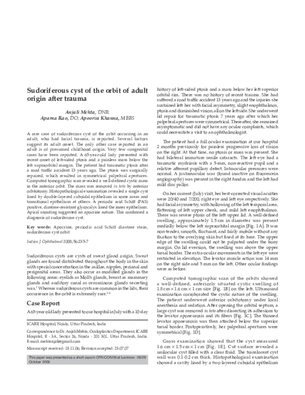 (PDF) Sudoriferous cyst of the orbit of adult origin after trauma