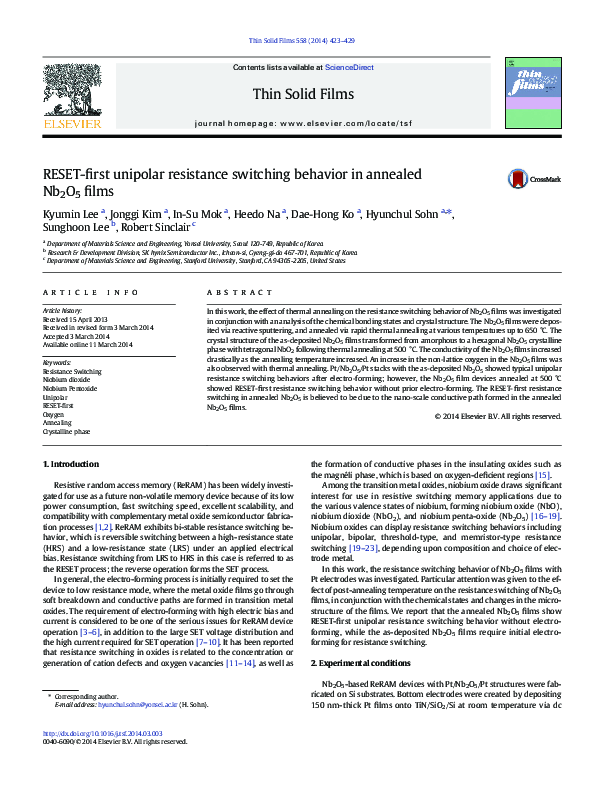 (PDF) RESET-first unipolar resistance switching behavior in annealed Nb2O5 films