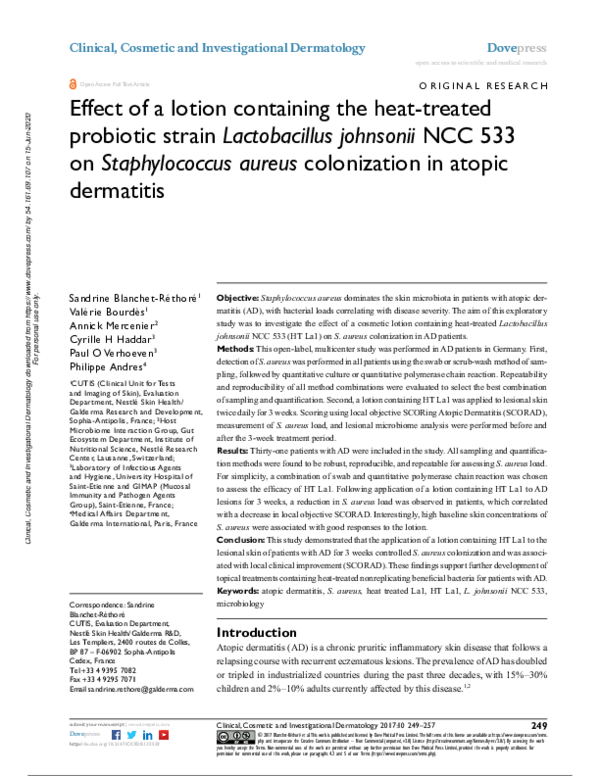 (PDF) Effect of a lotion containing the heat-treated probiotic strain Lactobacillus johnsonii ...