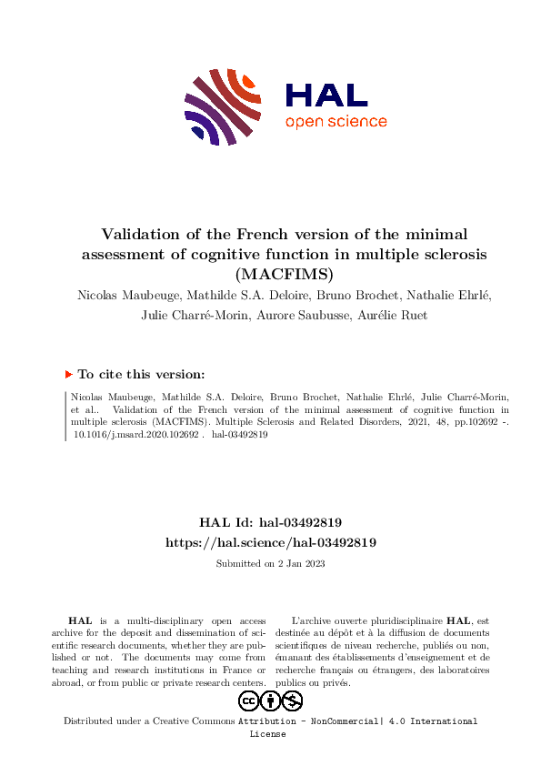 Pdf Validation Of The French Version Of The Minimal Assessment Of Cognitive Function In