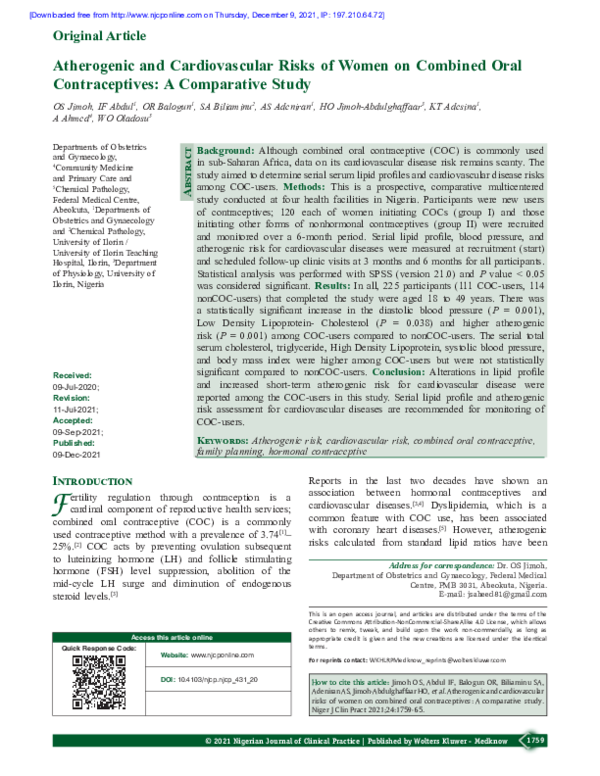 Pdf Atherogenic And Cardiovascular Risks Of Women On Combined Oral