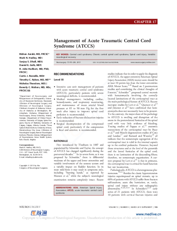 (PDF) Management of Acute Traumatic Central Cord Syndrome (ATCCS)
