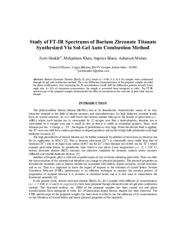 (PDF) Study of FT-IR spectrums of barium zirconate titanate synthesized via sol-gel auto ...
