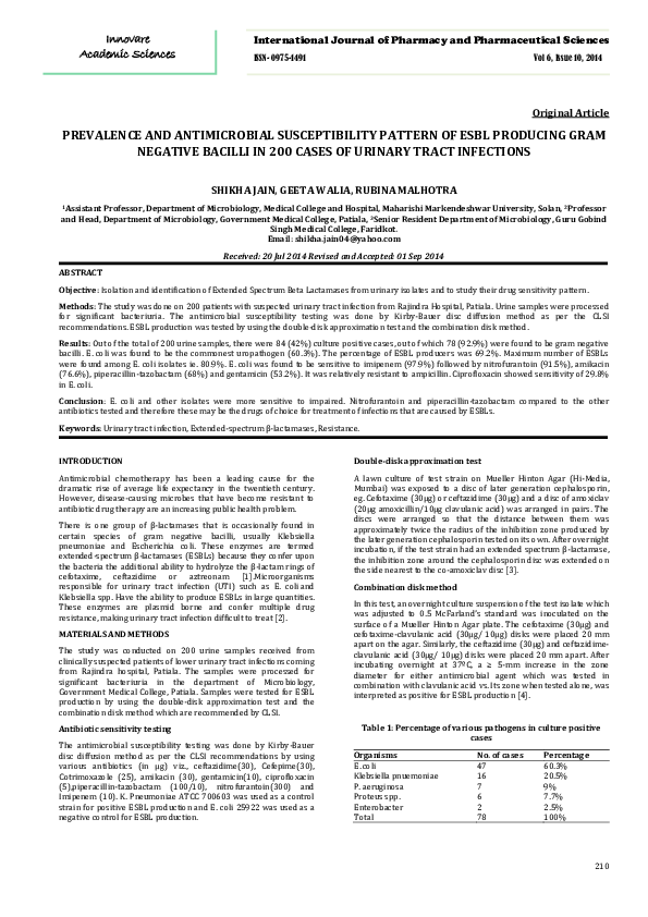 (PDF) Prevalence and Antimicrobial Susceptibility Pattern of Esbl Producing Gram Negative ...
