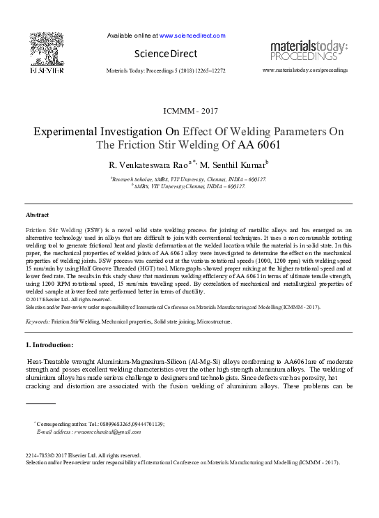 (PDF) Experimental Investigation On Effect Of Welding Parameters On The Friction Stir Welding Of ...
