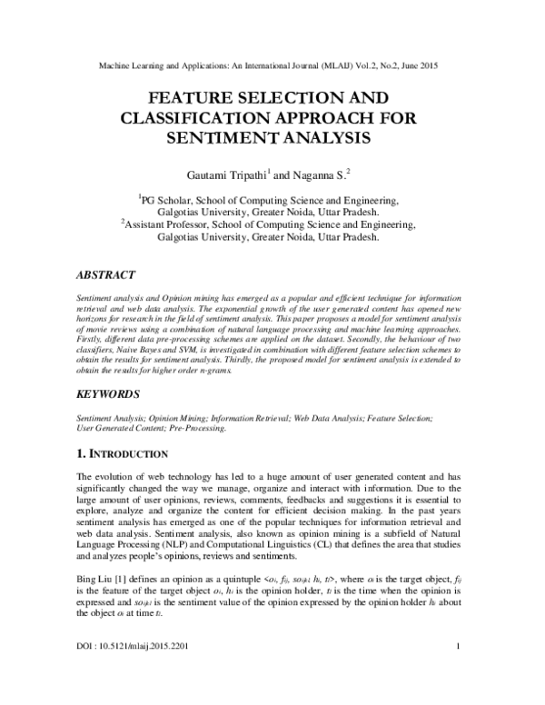 Pdf Feature Selection And Classification Approach For Sentiment Analysis 8958