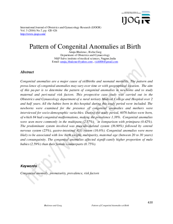 (PDF) Congenital anomaly , prematurity , prevalence , risk factors ...